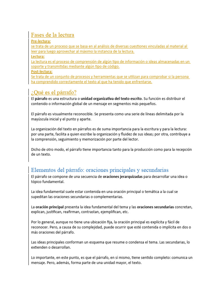 Fases de La Lectura: Elementos Del Párrafo: Oraciones Principales y ...