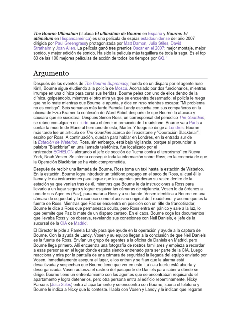 El Ultimátum de Bourne: Sinopsis y Análisis | PDF