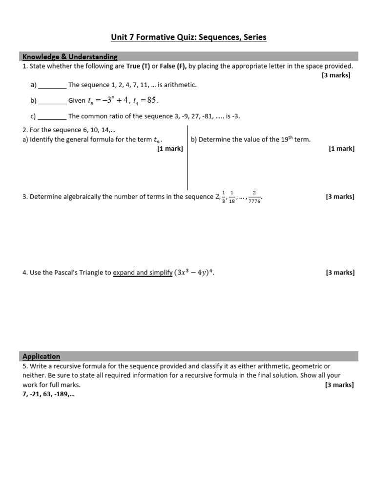 Unit 7 Formative Quiz | PDF | Sequence | Mathematical Objects