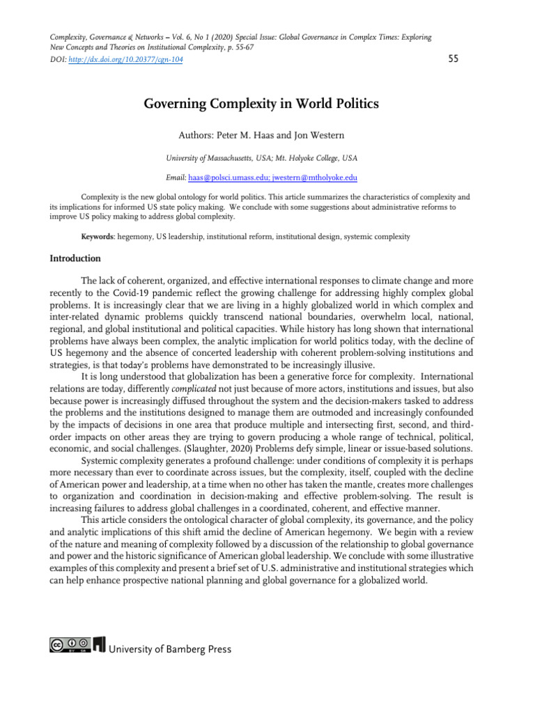 Governing Complexity in World Politics. HAAS y WESTERN | PDF | Governance | Global Governance