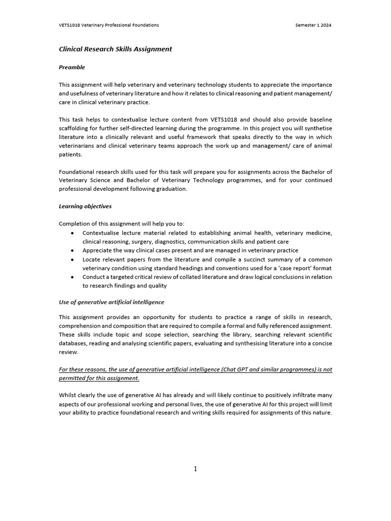 VETS1018 Clinical Research Skills Assignment 2024 | PDF | Medical Diagnosis | Veterinary Medicine