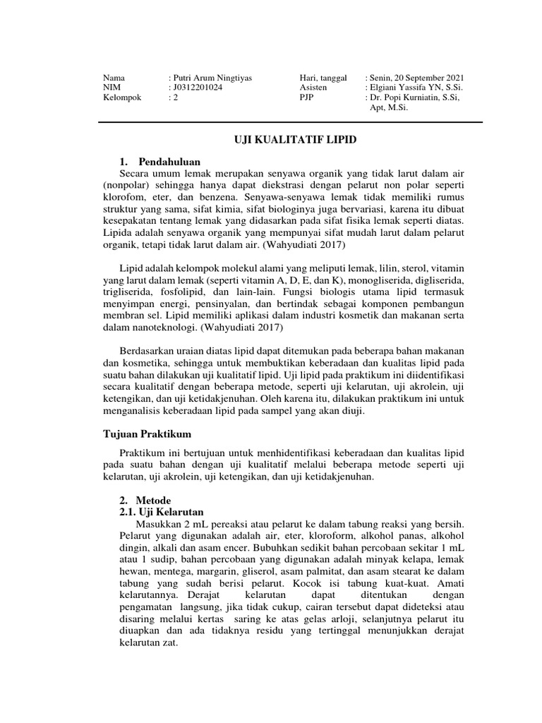 Laporan Praktikum Uji Kualitatif Lipid 1 | PDF
