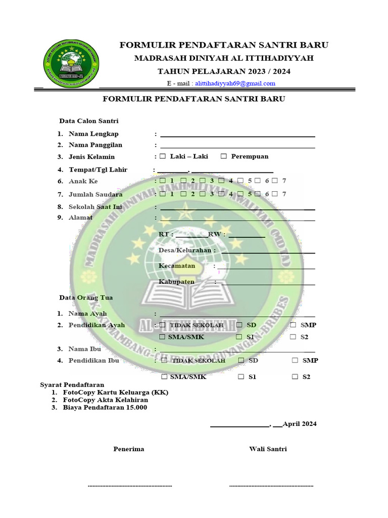 Formulir Pendaftaran Santri Baru-1 | PDF