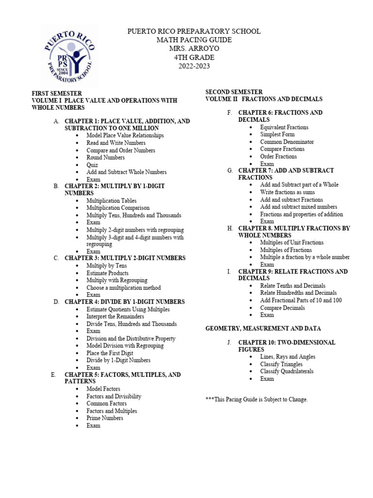 4th Grade Math Pacing Guide 2022-2023 | PDF | Numbers | Multiplication