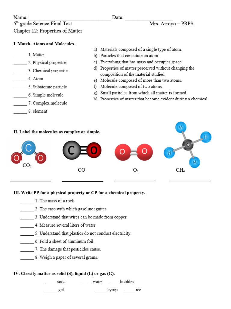 5th Grade Science Final Test | PDF | Matter | Atoms
