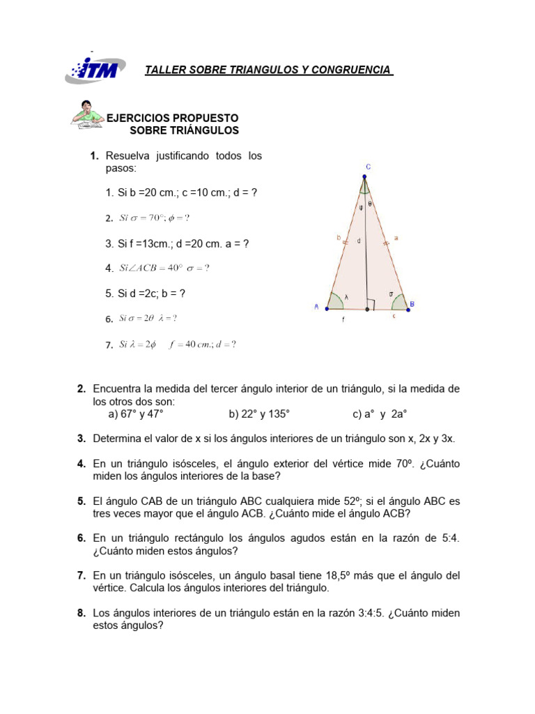 Taller Sobre Triangulos y Congruencia | Descargar gratis PDF | Triángulo | Geometría Elemental