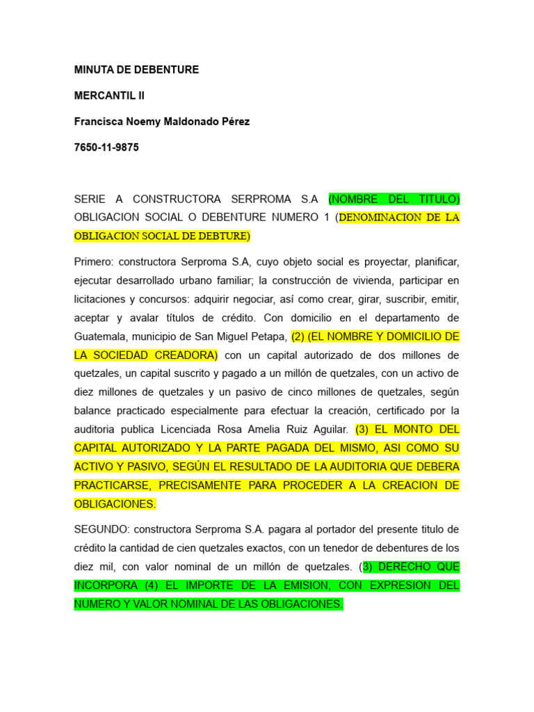 Minuta de Debenture | Descargar gratis PDF | Guatemala