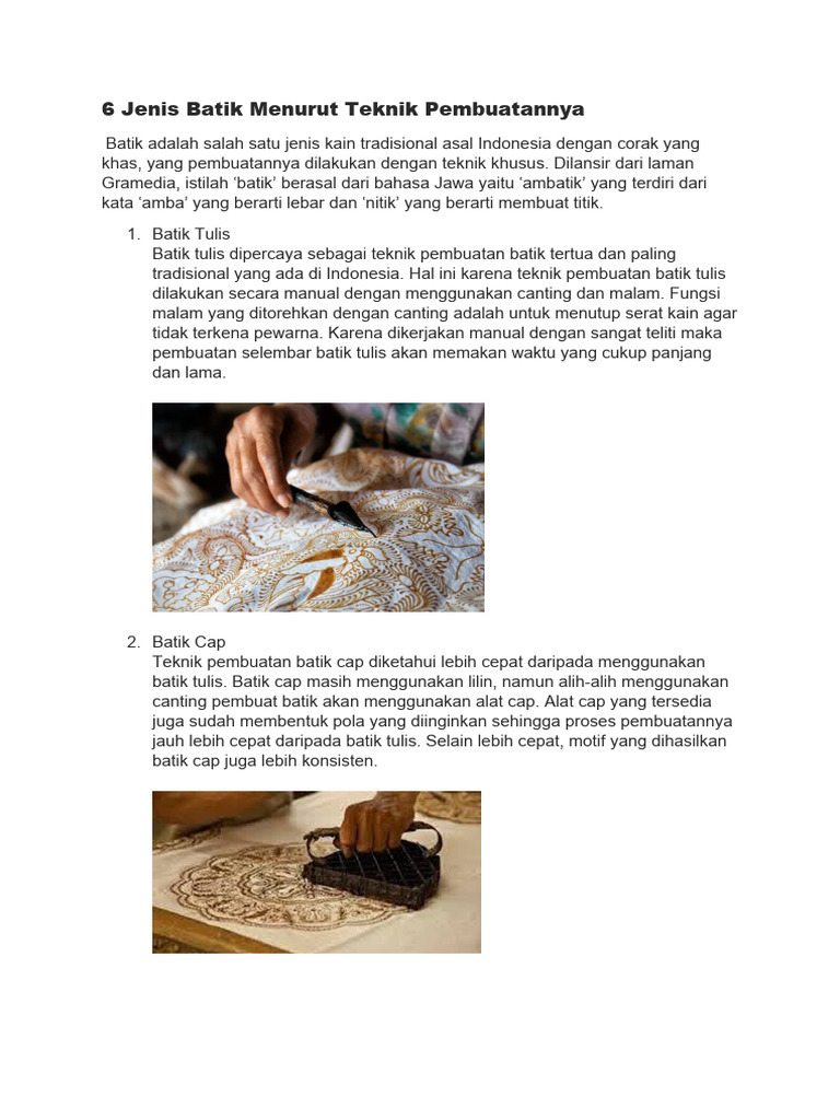 6 Jenis Batik Menurut Teknik Pembuatannya | PDF