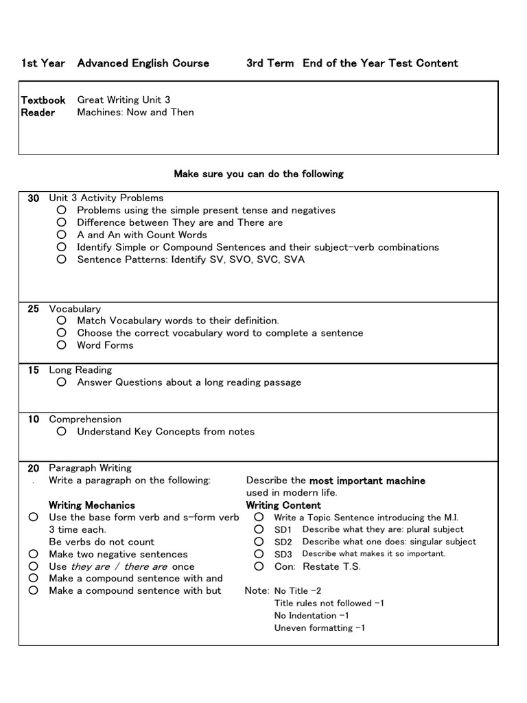 Adv. English Test Content 1st Year 3rd Term | PDF