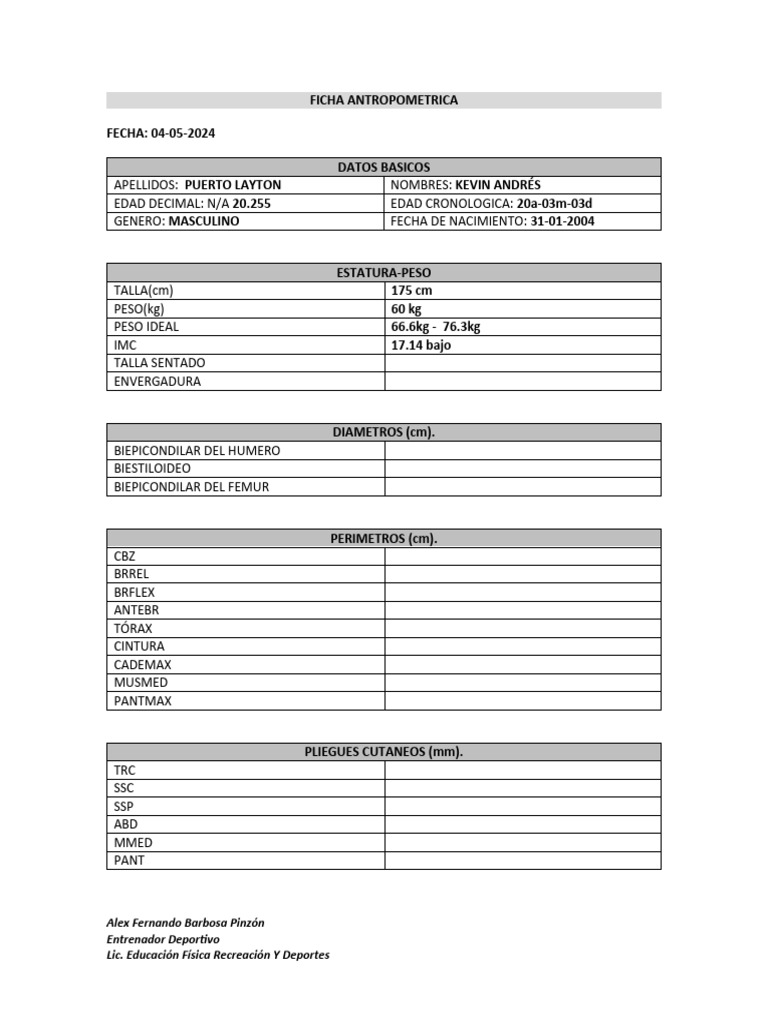 Evaluación Antropométrica Detallada | PDF | Documento de identidad