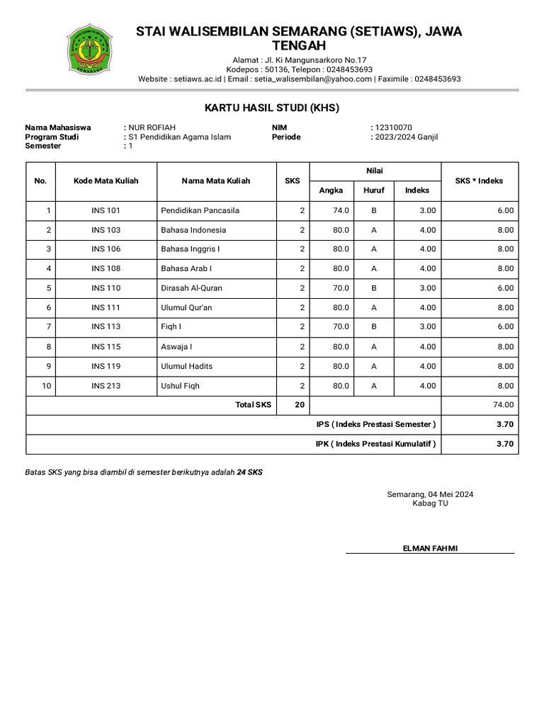 Cetak Laporan KHS Mahasiswa | PDF