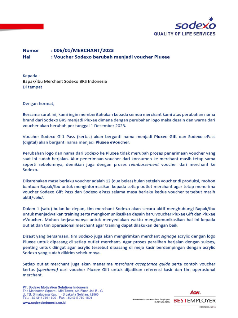 Surat Untuk Merchant - Perubahan Sodexo Menjadi Pluxee | PDF