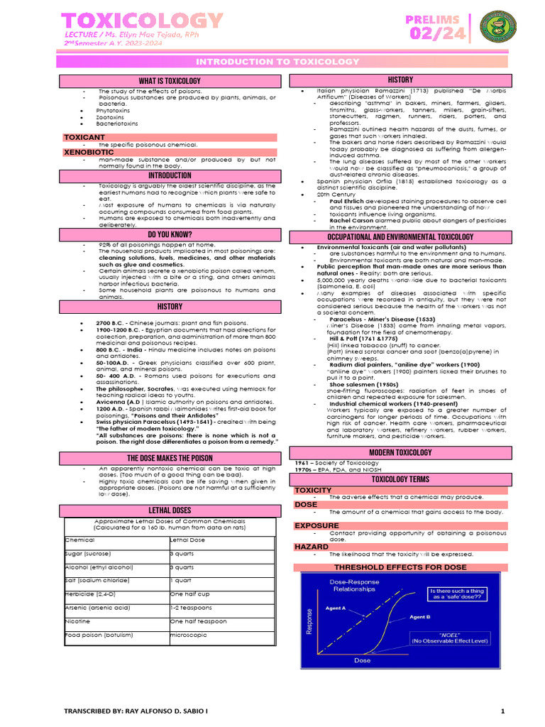 01 Toxicology Lec Midterms | PDF | Toxicology | Toxicity