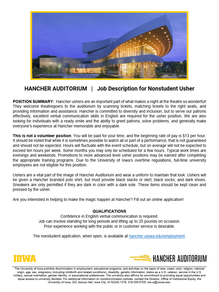 Usher Job Description For Nonstudents - 2022-23 | PDF | Discrimination ...