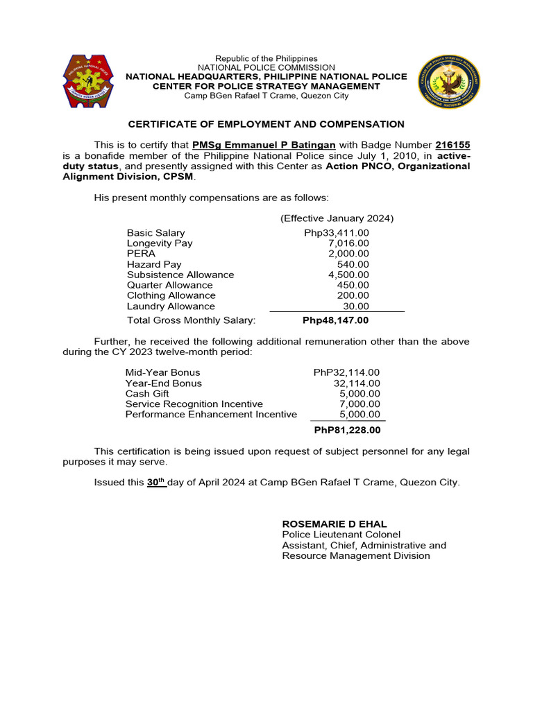 Certificate of Employment: PMSg Batingan | PDF