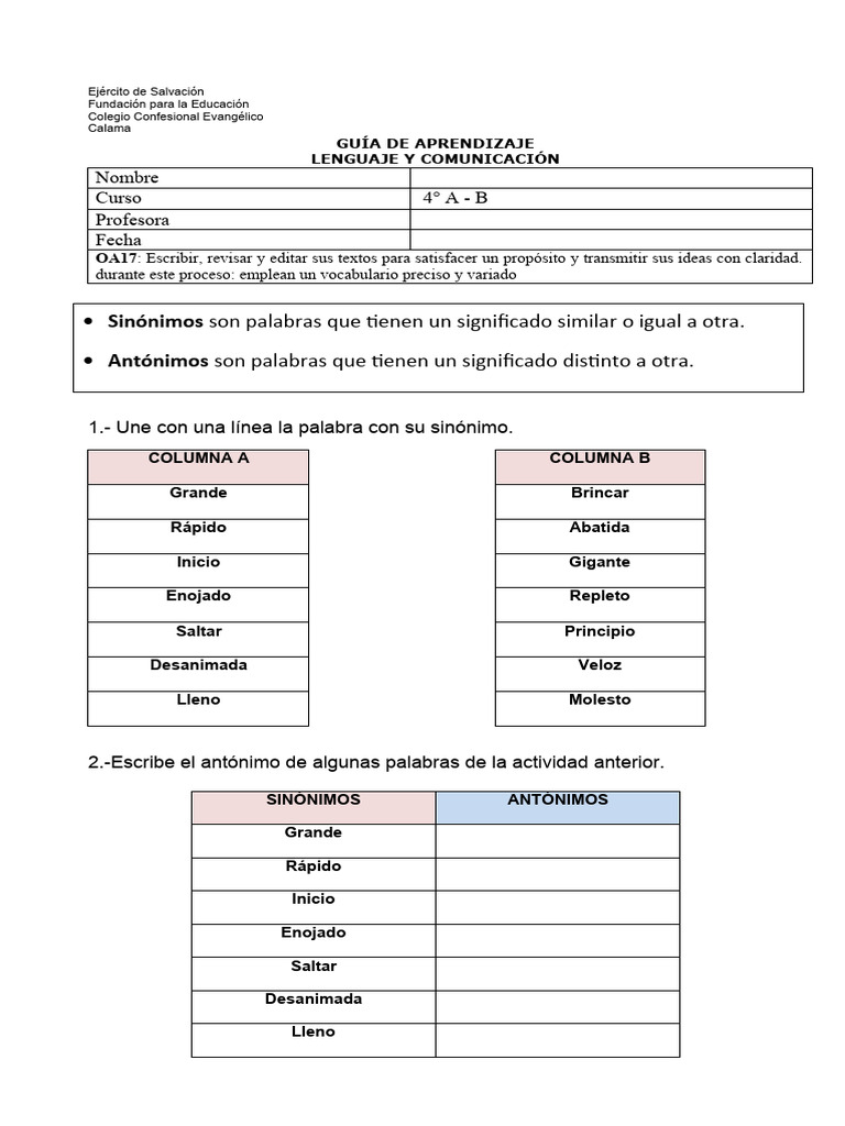 Guía de Sinónimos y Antónimos 4° Básico | PDF