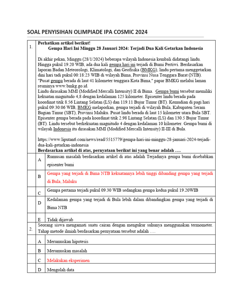 Soal Penyisihan Olimpiade Ipa Cosmic 2024 No 1 - 50 | PDF