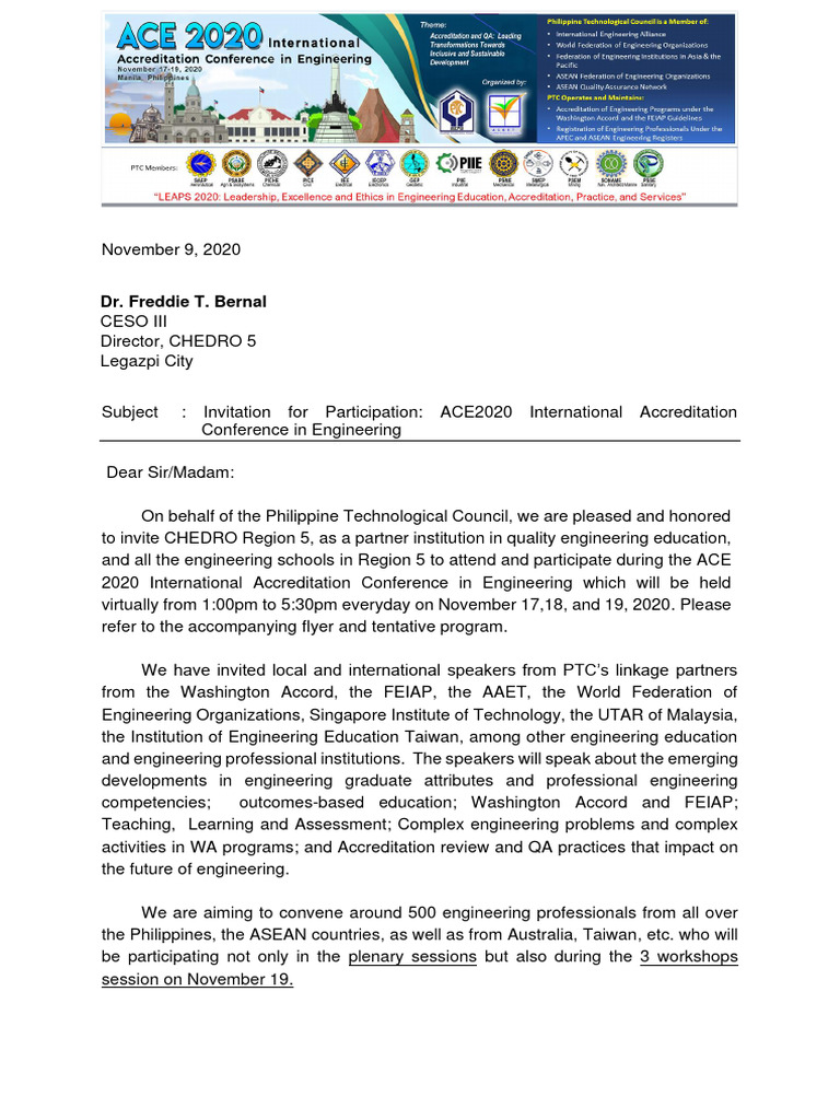 ACE 2020 - Invite Letter For Participants - CHEDRO 5 | PDF | Science ...