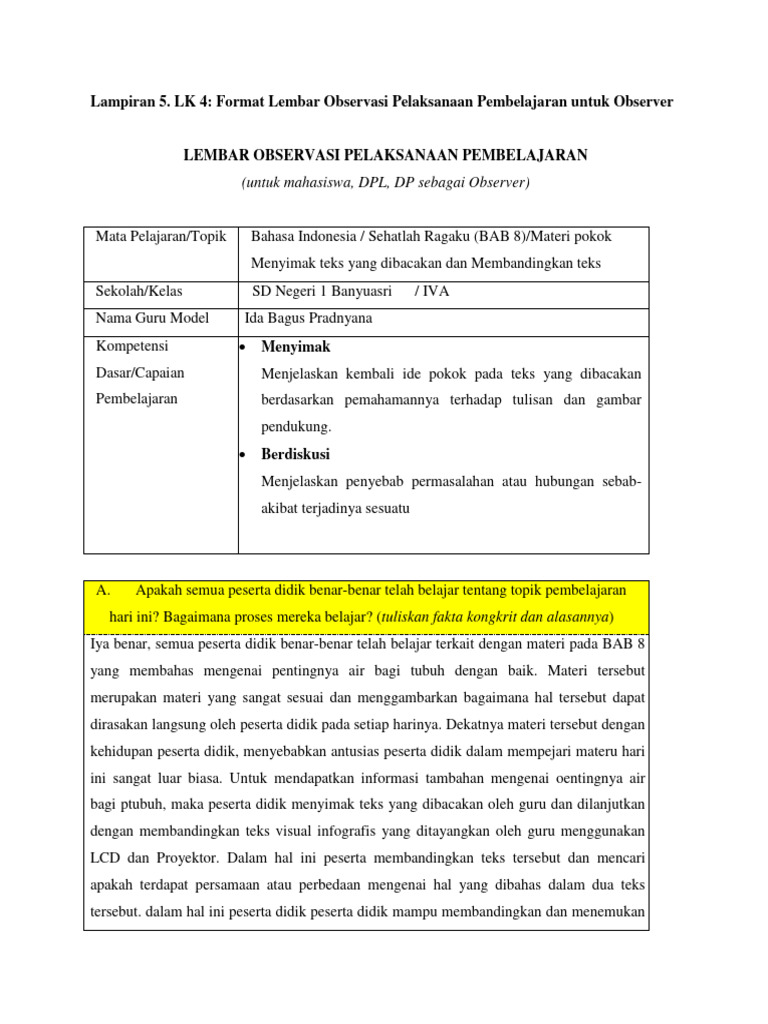 Lampiran 5. LK 4 Lembar Observasi Pelaksanaan Pembelajaran Untuk Observer | PDF | Kesehatan ...