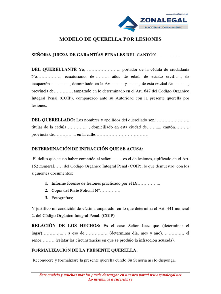 11.25 Modelo de Querella Por Lesiones | PDF | Queja | Judicaturas