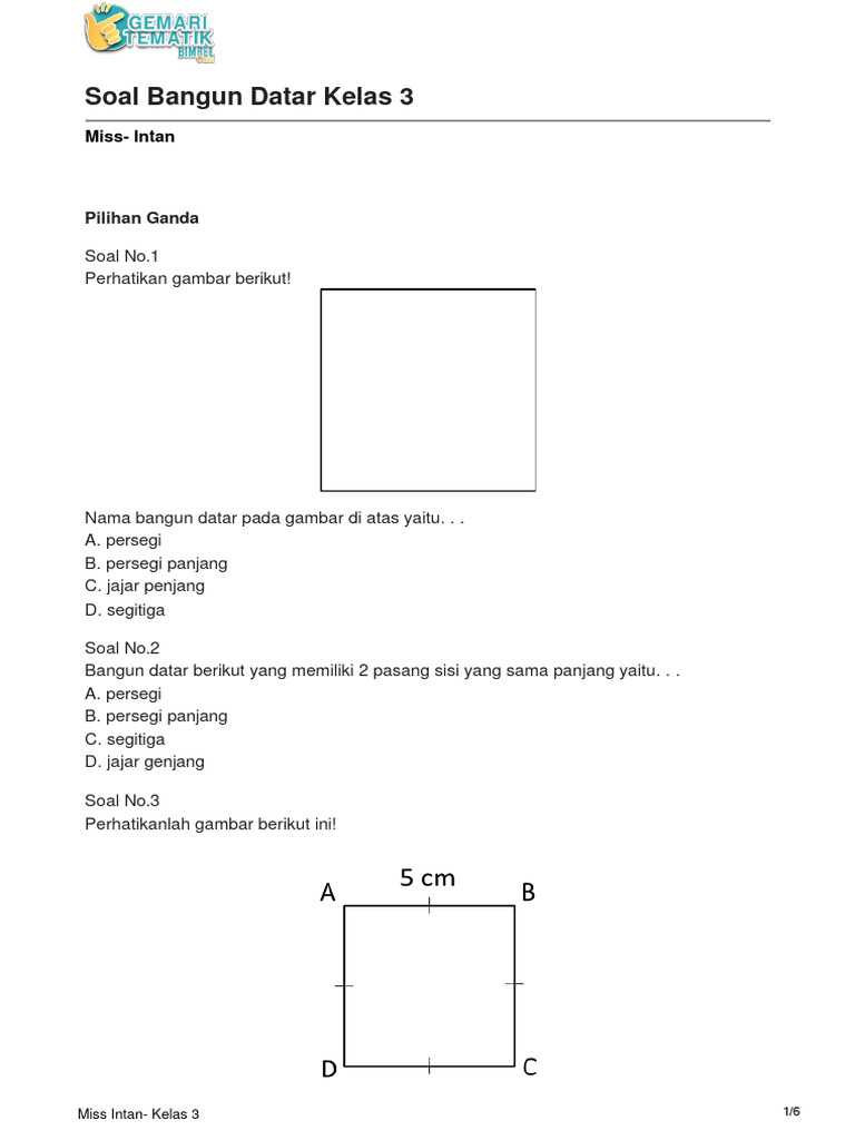 Soal Latihan Level 1 Bangun Datar Kelas 3_Miss Intan | PDF