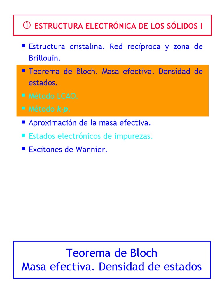 Teorema de Bloch. Masa Efectiva. Densidad de Estados. Método LCAO ...