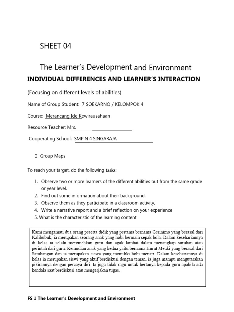 Individual Differences and Learners Interactions Observation Sheet ...
