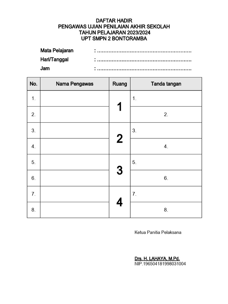 Daftar Hadir Pengawas Ujian Sekolah 2024 | PDF