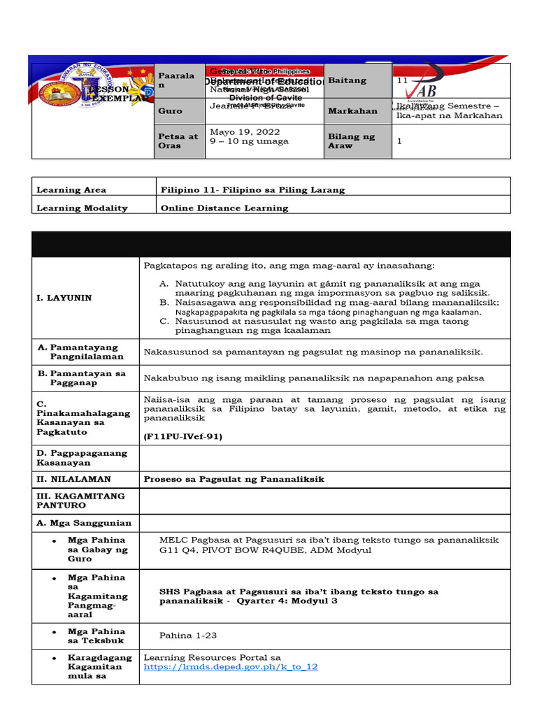 Lesson Plan PAGBASA | PDF