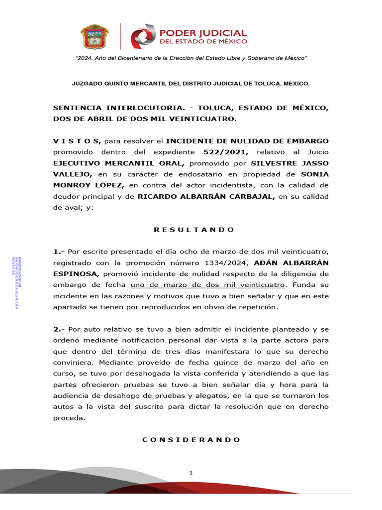 Nulidad de Embargo en Juicio Mercantil | PDF | Caso de ley | Sentencia ...