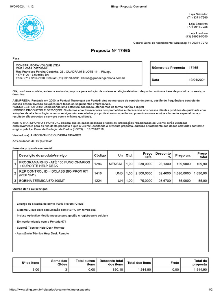 Proposta Bling 17465 - Construtora Volque Ltda | PDF | Qualidade (negócios)