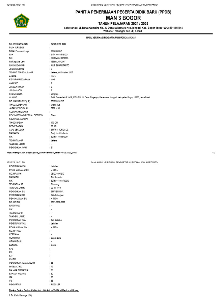Cetak Hasil Verifikasi Pendaftaran PPDB Alif Suhartanto | PDF
