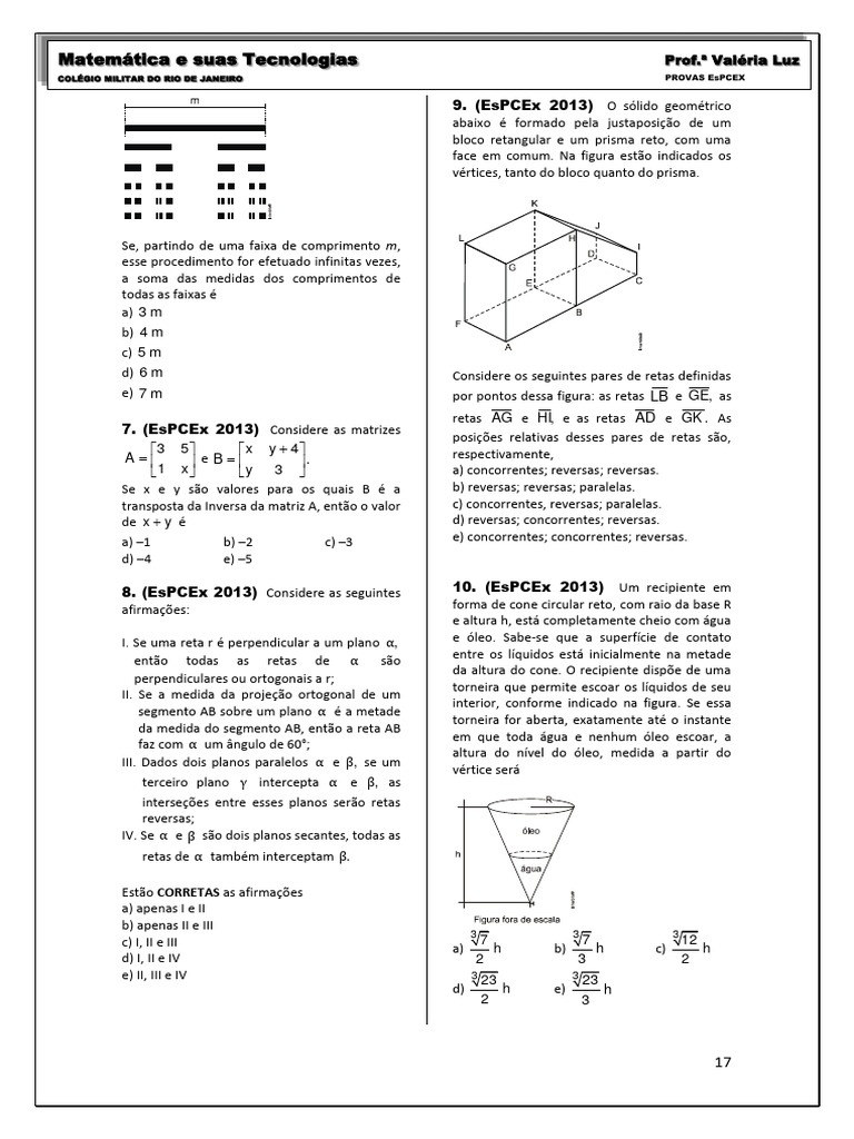Provas de Matemática EsPCEx 2013 | PDF | Linha (Geometria) | Perpendicular