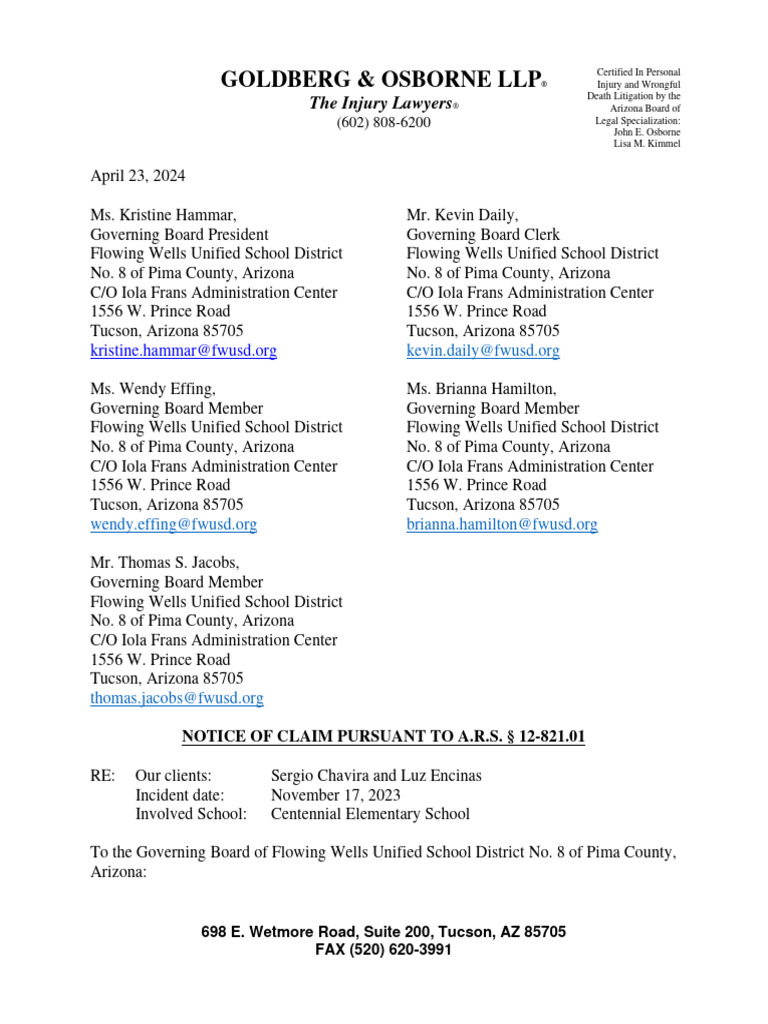 Family's Notice of Claim in Girl's Death at Tucson School | PDF ...