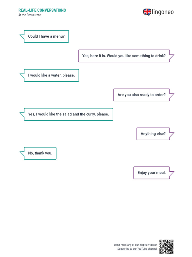 Restaurant Conversation Practice Guide | PDF | Cooking, Food & Wine