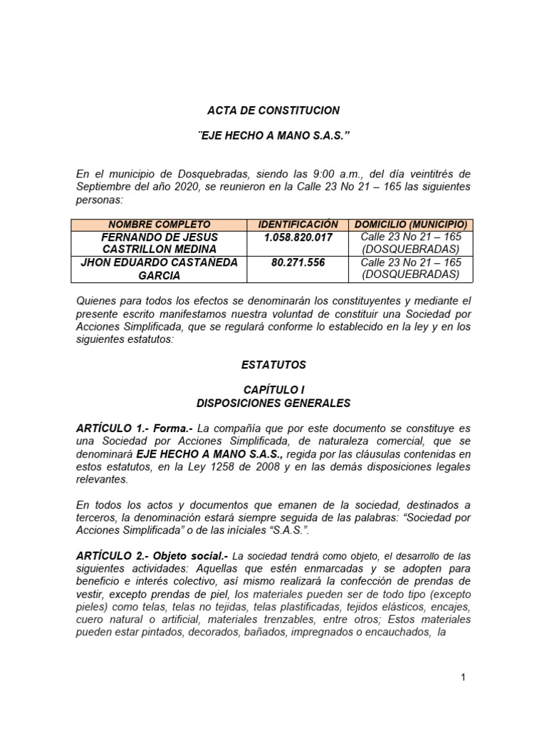 Acta de Constitucion Eje Hecho A Mano Sas | PDF | Ropa | Joyería