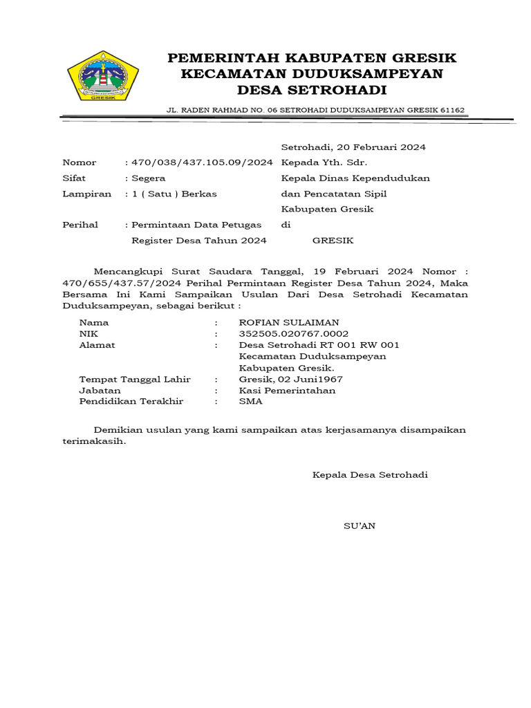 Permintaan Data Petugas Desa 2024 | PDF