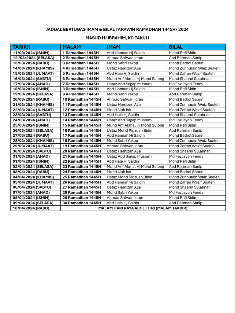 JADUAL BERTUGAS IMAM & BILAL TARAWIH RAMADHAN 1445h | PDF | Sharia | Ramadan