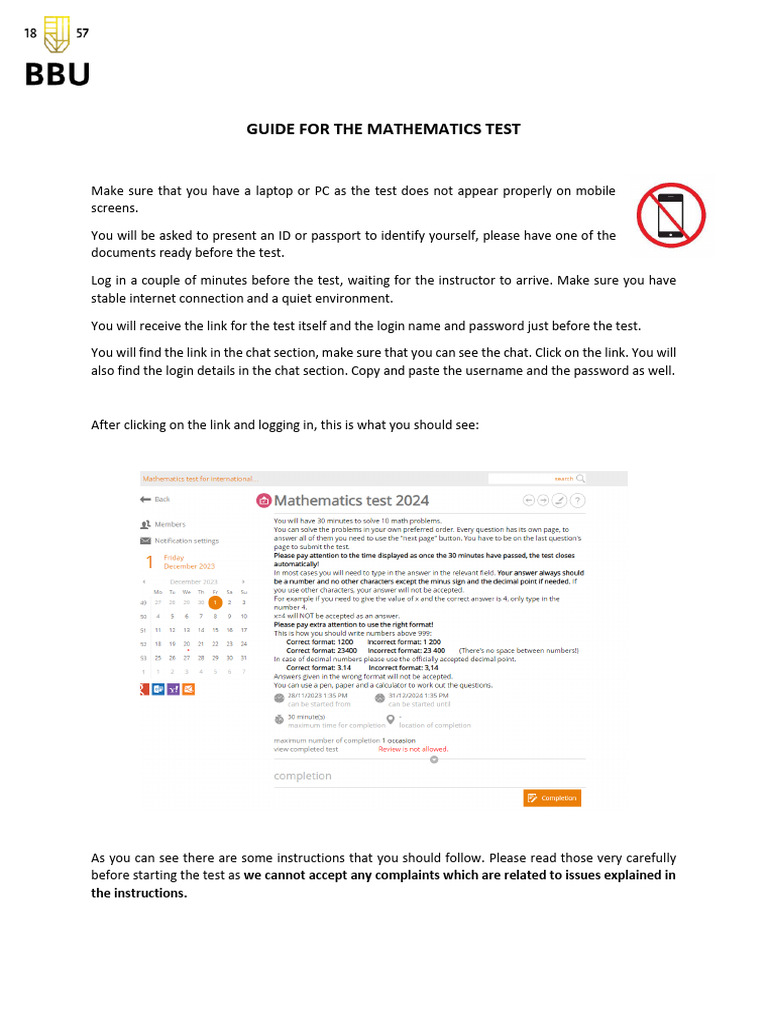 Maths Test Guide BBU 2024 | PDF | Login | Question