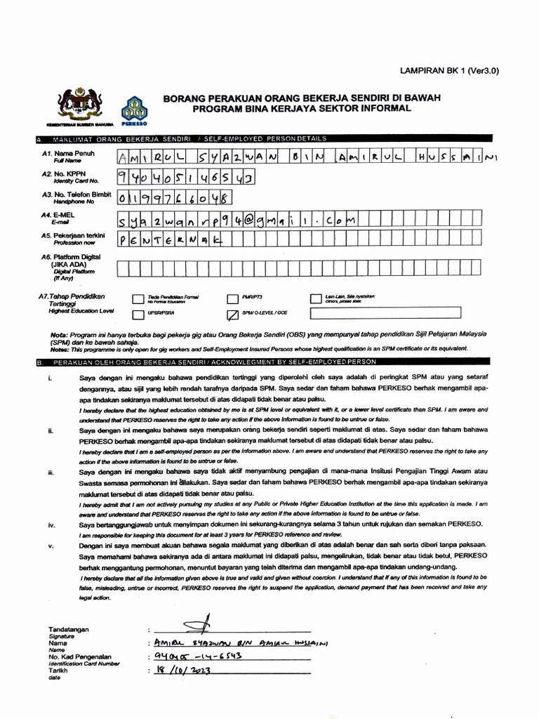 Borang Perakuan Pekerja Sendiri SPM | PDF