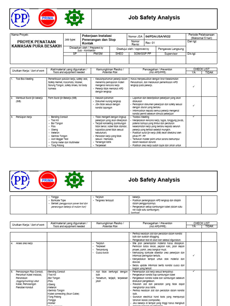 Contoh JSA Pemasangan Stop Kontak | PDF
