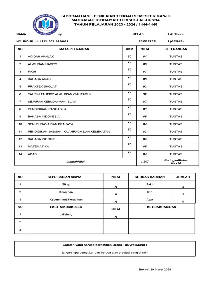 Rapot Pts Kelas 1&2 | PDF