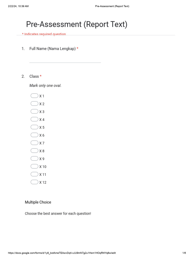 Pre-Assessment (Report Text) - Google Forms | PDF | Grammar | Linguistics