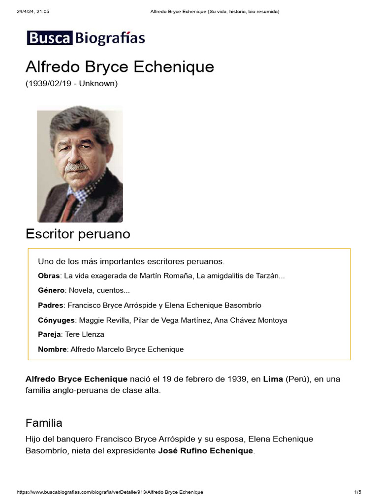 Alfredo Bryce Echenique (Su Vida, Historia, Bio Resumida) | PDF
