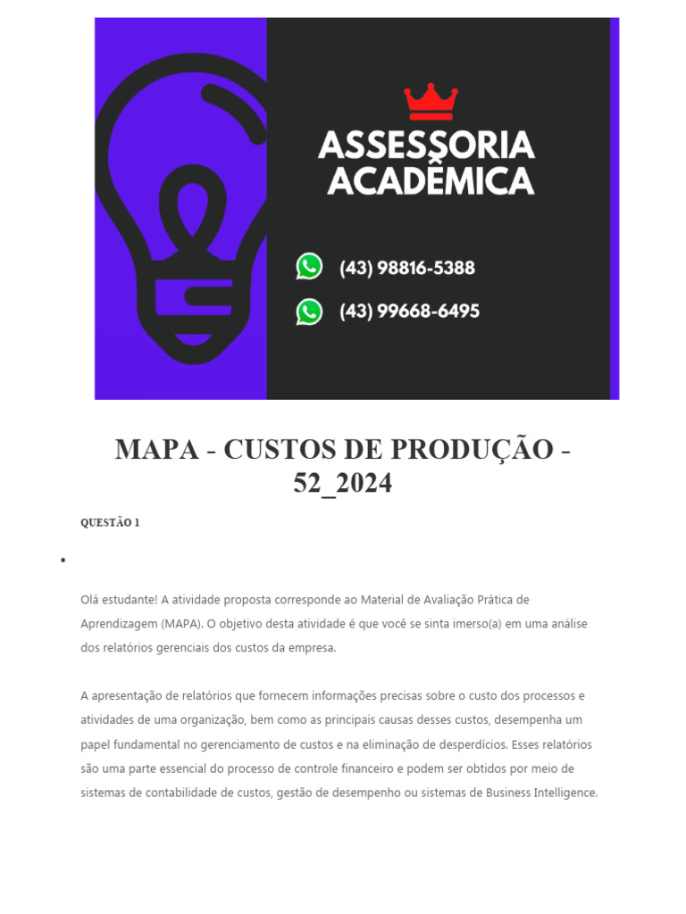 Mapa - Custos de Produção - 52 2024 | PDF | Despesa | Contabilidade