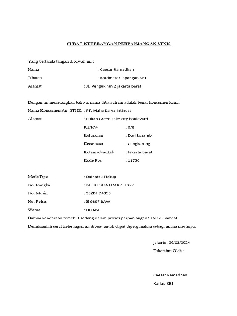 Surat Keterangan Perpanjangan STNK | PDF