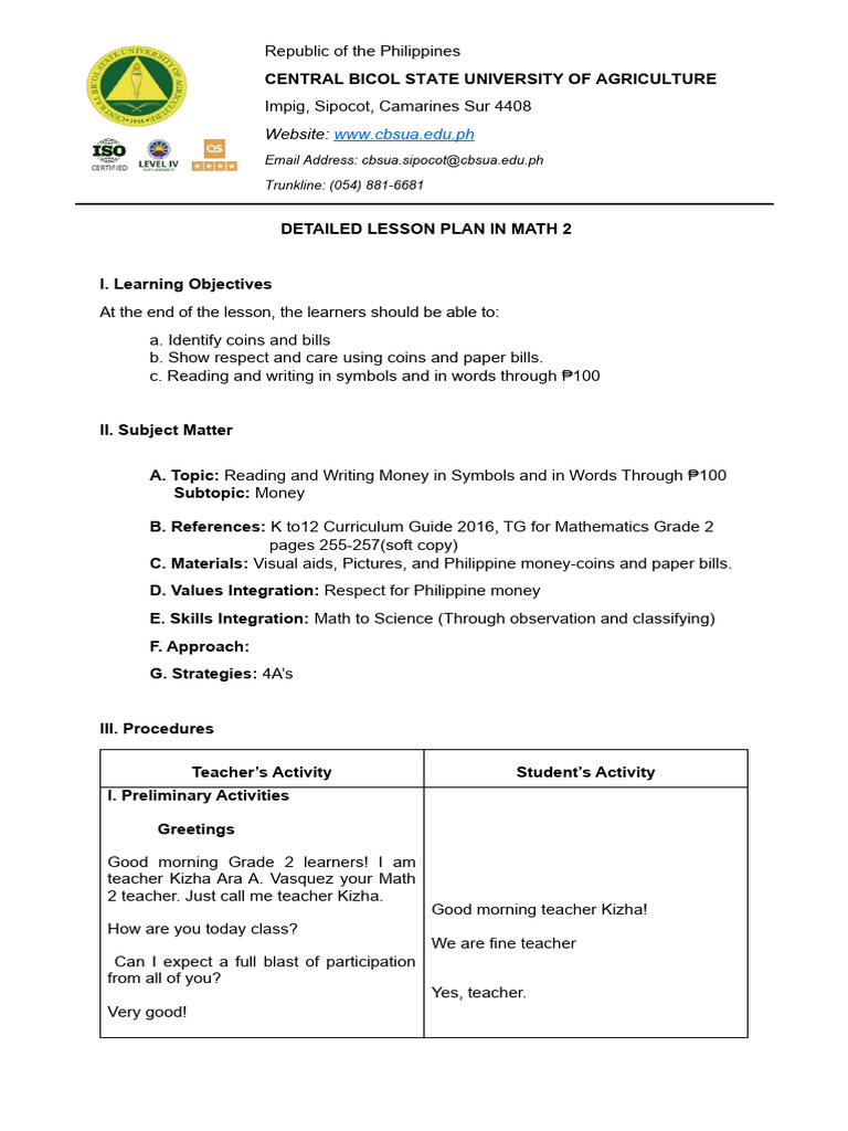 Detailed Lesson Plan in Math 2 | PDF | Cognition | Behavior Modification
