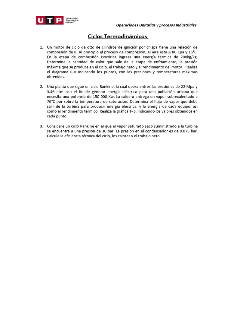 Ejercicioss Ciclos Termodinámicos Rankine y Otto - Carnot | PDF