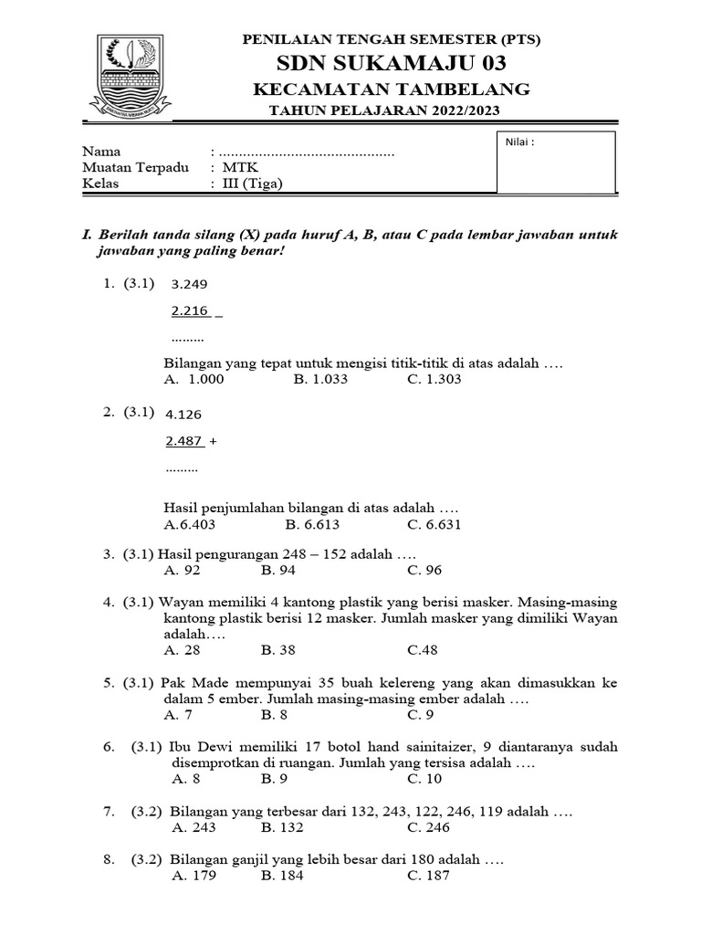 Soal PTS MTK Kelas 3 | PDF