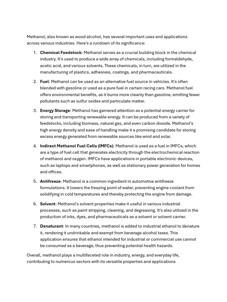 Uses and Applications of Methanol | PDF | Methanol | Ethanol
